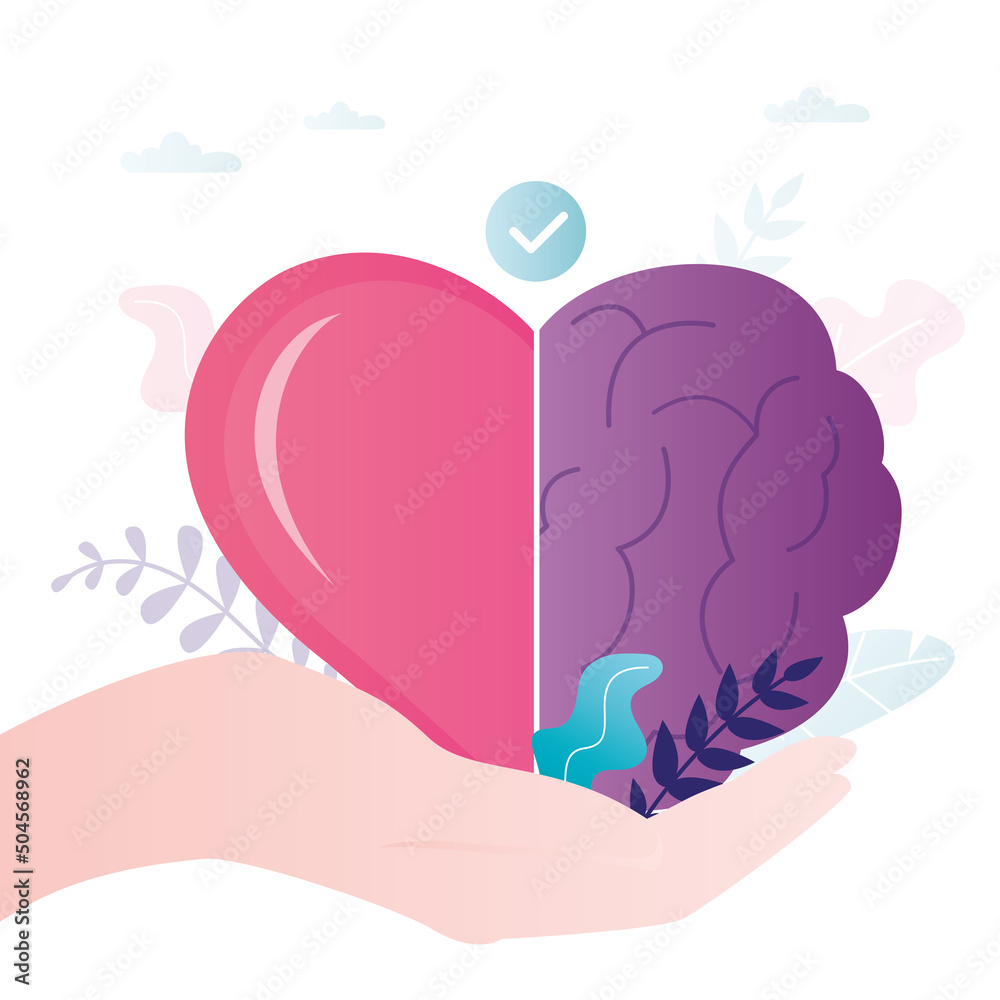 Hand neatly holds half of heart and mind. Balance of feelings and ...