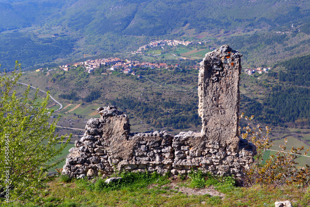 Rocca Calascio, view of ruins of mountaintop medieval fortress at 1512 ...