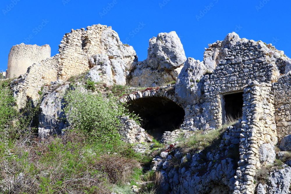 Rocca Calascio, view of ruins of mountaintop medieval fortress at 1512 ...