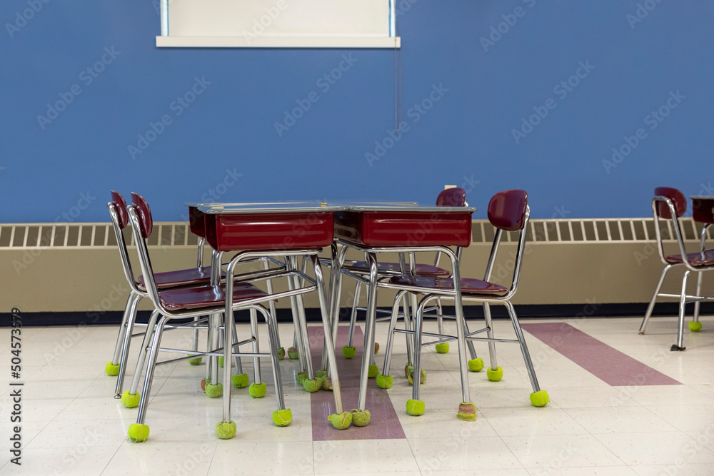 School Classroom Interior with Desk and Chairs with Tennis balls Stock ...