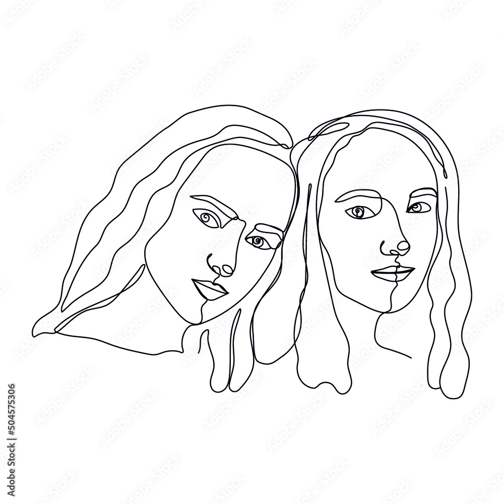 Women. One single line. Continuous line vector illustration. Sisters ...