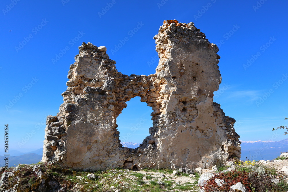 Rocca Calascio, view of ruins of mountaintop medieval fortress at 1512 ...