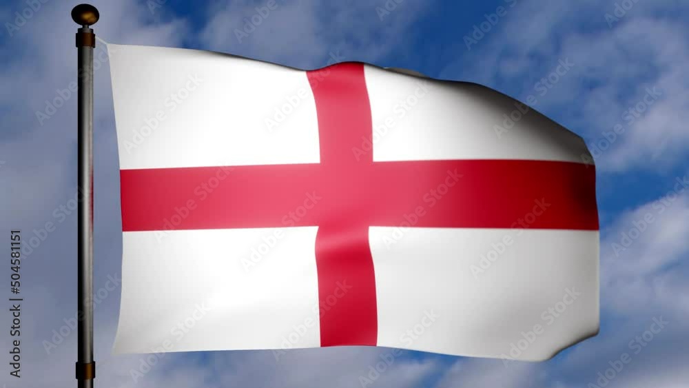England Flag with fabric texture waving in the wind on a blue white ...