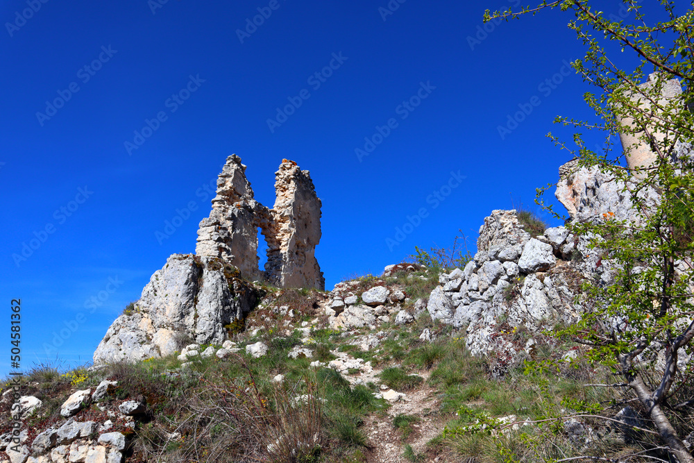 Rocca Calascio, view of ruins of mountaintop medieval fortress at 1512 ...