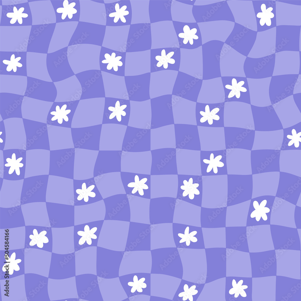 1970 trippy violet grid with daisy seamless pattern. Groovy vector ...