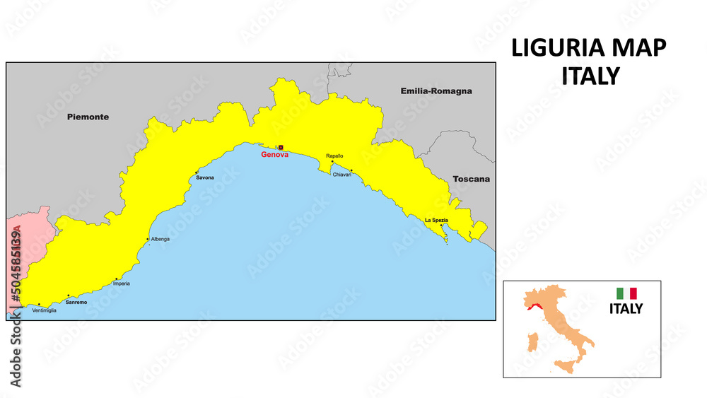 Liguria Map. State and district map of Liguria. Political map of Liguria with the major district ...