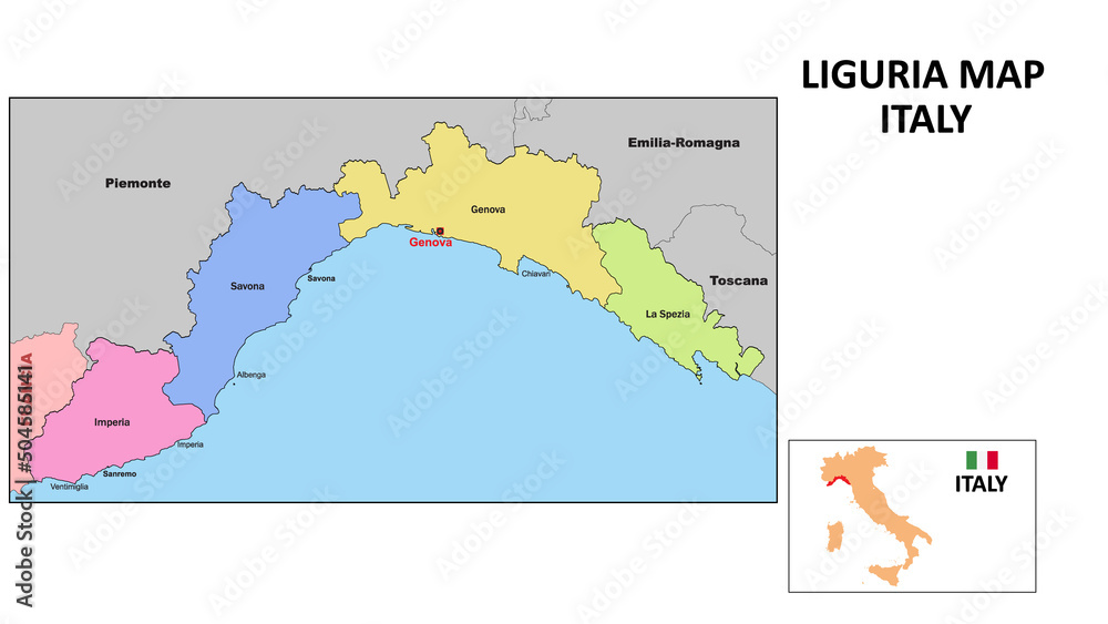 Liguria Map. State and district map of Liguria. Political map of Liguria with neighboring ...