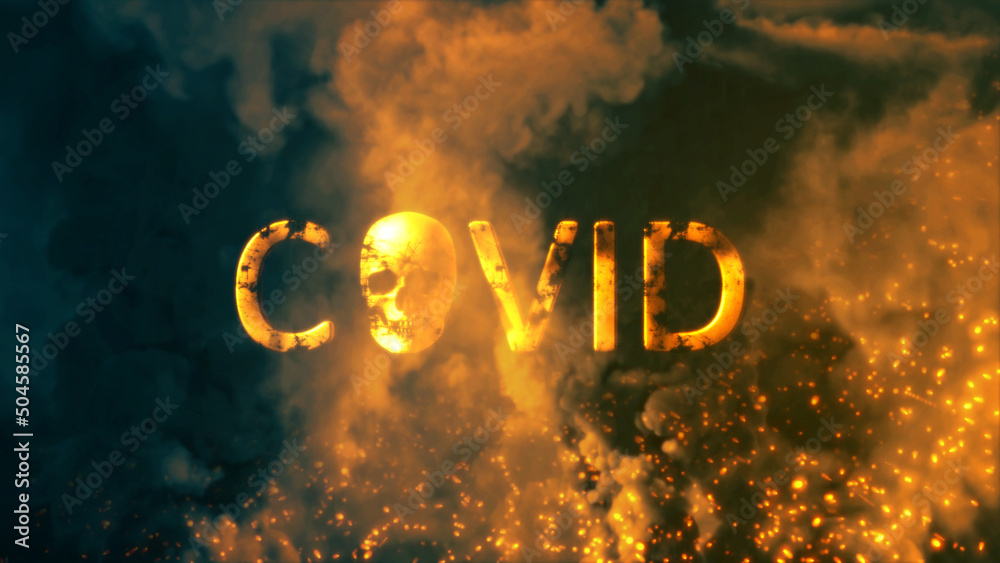 Text covid with human skull on backdrop with fire fire and smoke ...