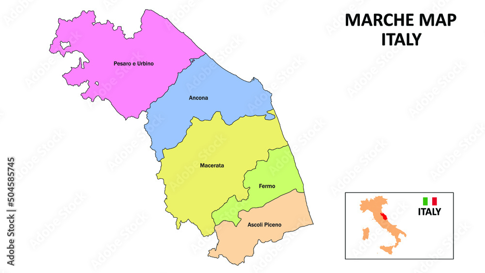 Fototapeta mapa świata dla dzieci Marche Map. District map of Marche in ...