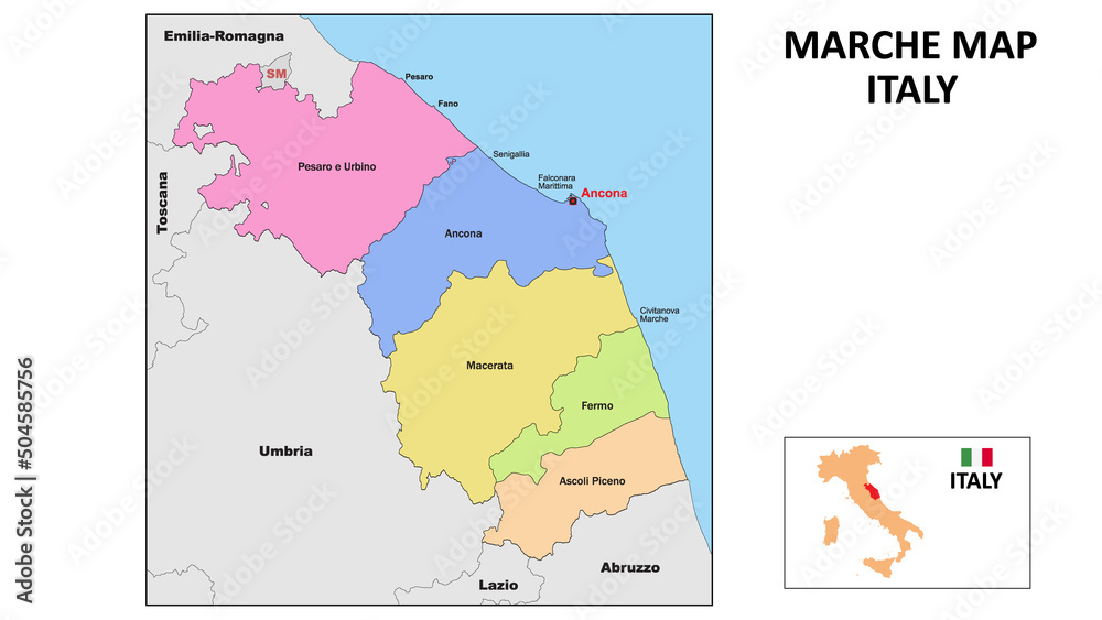 Marche Map. State and district map of Marche. Political map of Marche ...