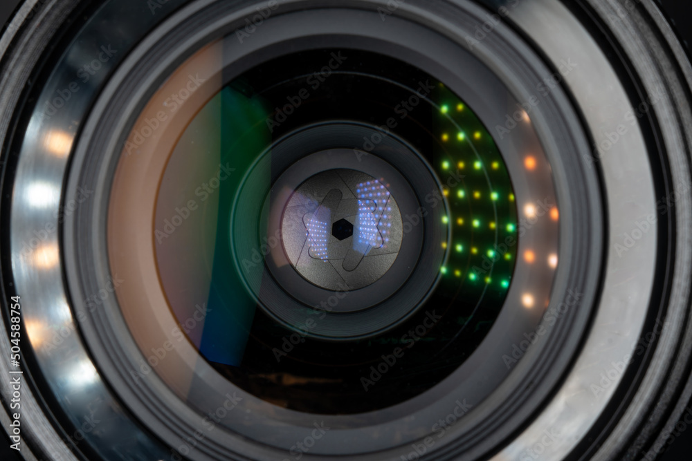 Professional camera photo lens. Details of glass, layer of ...
