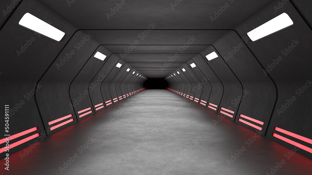 Long futuristic tunnel with dark in the end. Space station background ...