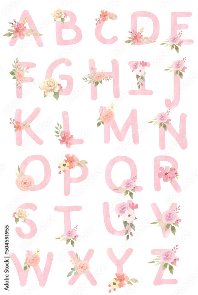 Watercolor pink alphabet with flowers. Illustration for kids Stock ...