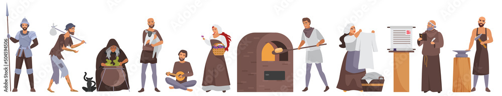 Medieval people set vector illustration. Cartoon knight warrior in ...