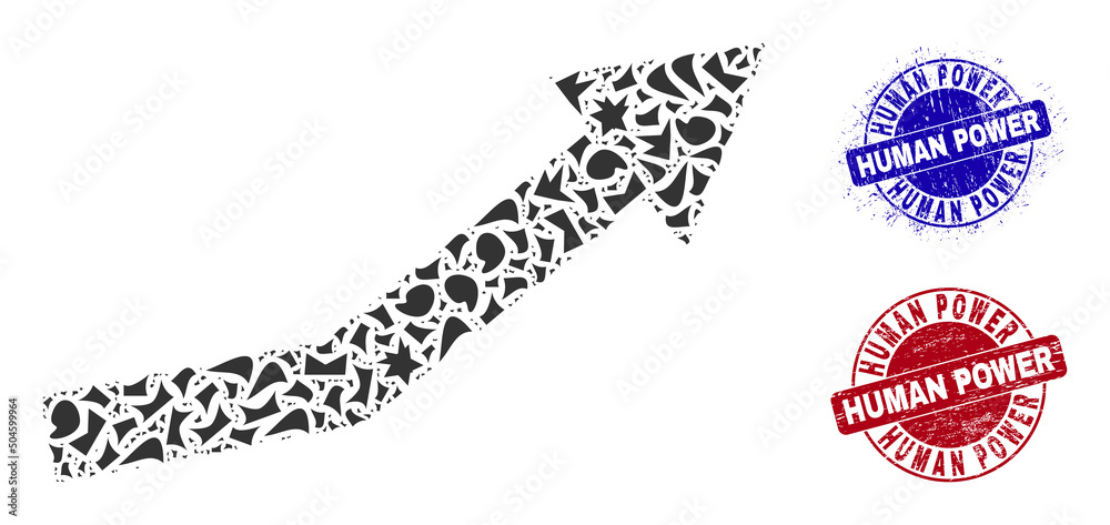 Round HUMAN POWER rough stamps with tag inside round forms, and shard ...