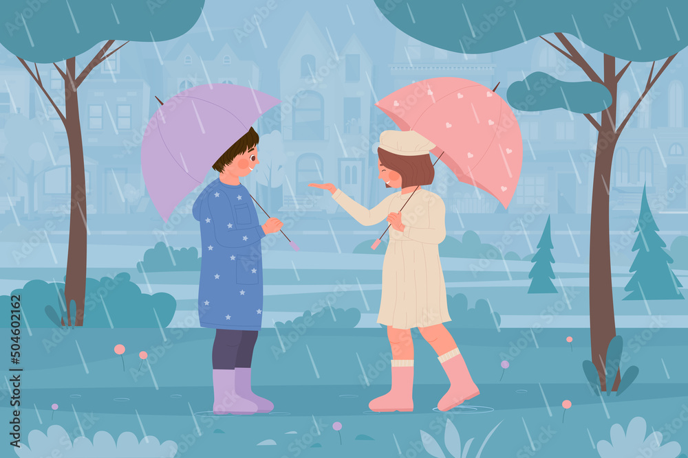 Cute kids enjoy rain in city park vector illustration. Cartoon happy ...