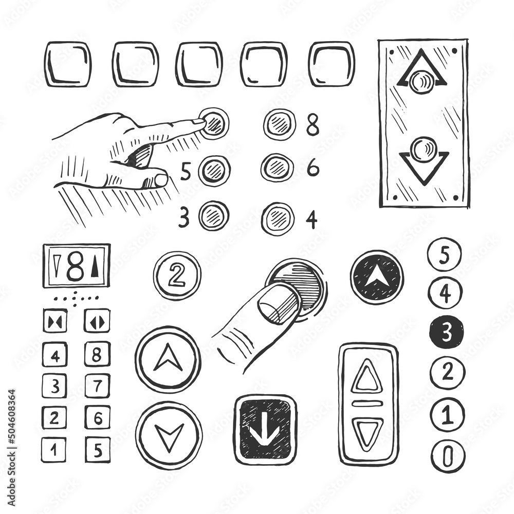 Vector sketch pushing elevator buttons and panel. Controls draw numbers ...