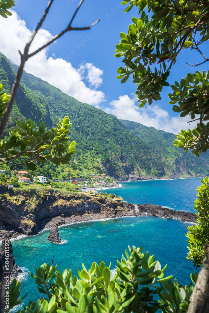 Praia da laje (praia da Jamaica ) beach with black sand, Seixal coast ...