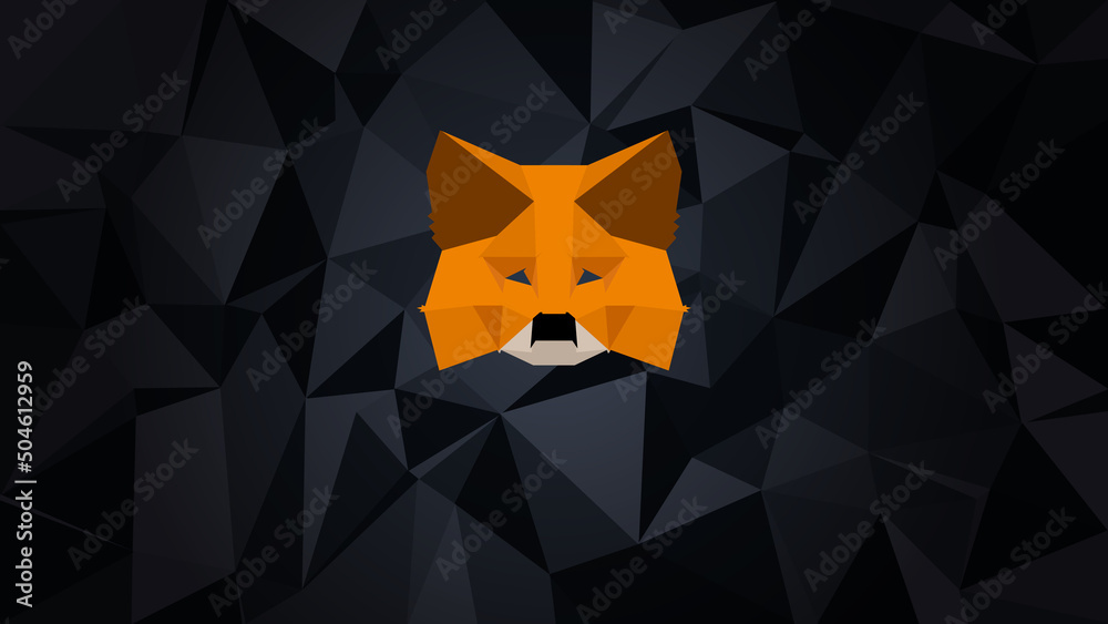 MetaMask logo sign on polygonal dark background. Crypto wallet for Defi ...