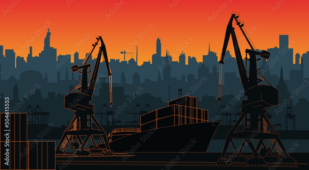 Silhouette commercial port with container ship at the pier and cargo ...