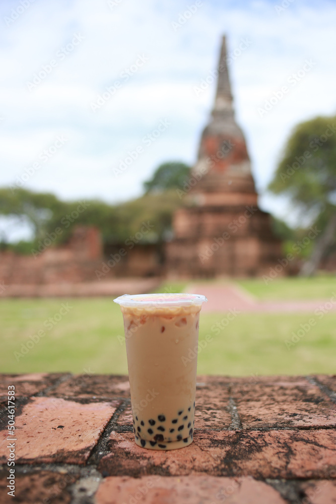 Taiwan ice milk tea with bubble boba, fresh drink and blur old temple ...