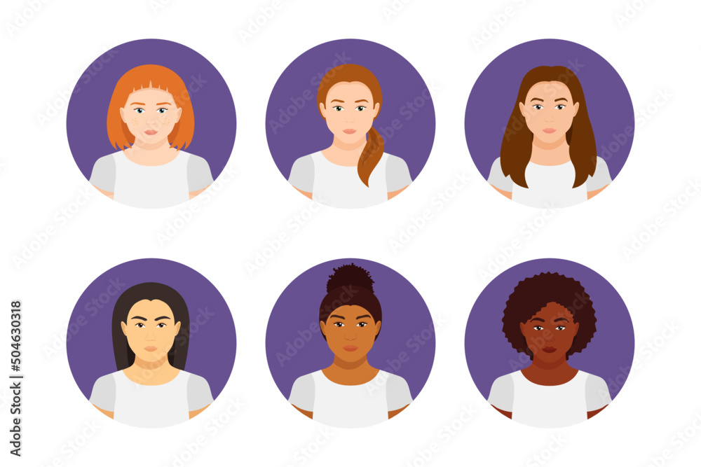 Women of six phototypes. Fitzpatrick. Different skin tone, hair and ...