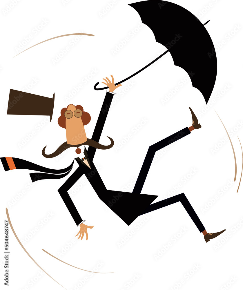 Cartoon man, umbrella and windy day. Funny long mustache man in the top ...