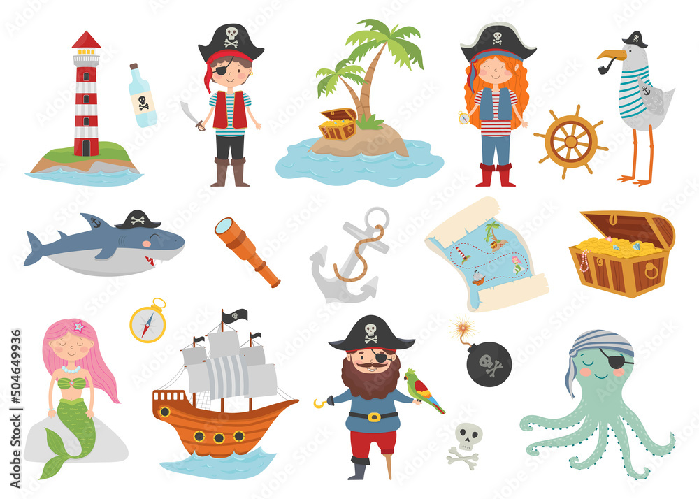 Pirate cartoon character set, flat style. Pirate, treasure island ...
