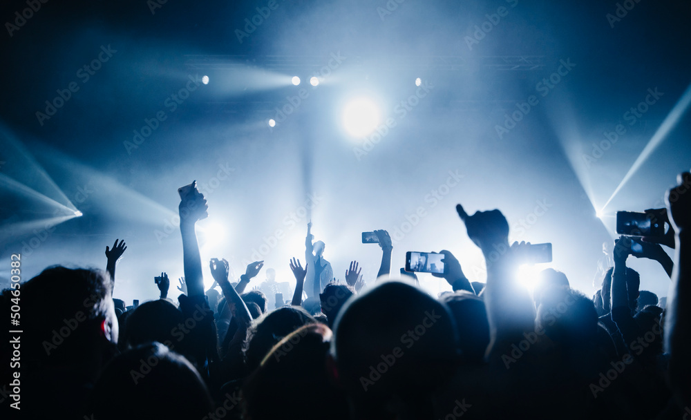 silhouette of the vocalist stands in a fog in the rays of light ...