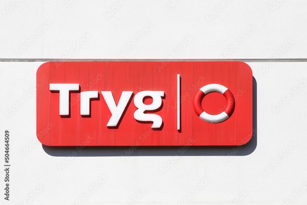 Aarhus, Denmark - April 16, 2022: Tryg logo on a wall. Tryg is a ...