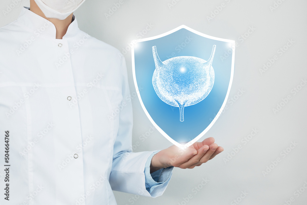 Unrecognizable female doctor holding shield and graphic virtual ...