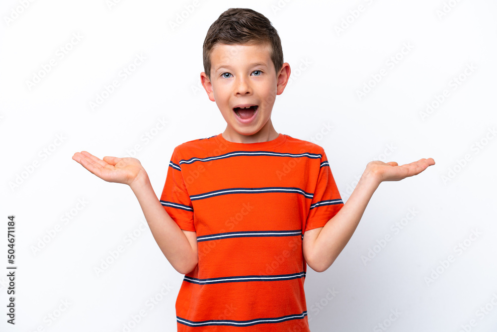Little boy isolated on white background with shocked facial expression ...