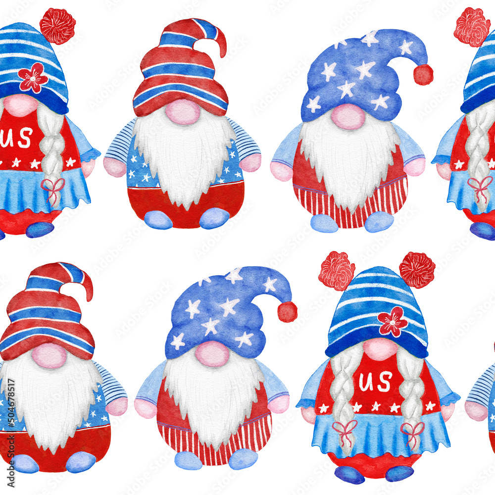 Watercolor hand drawn seamless border with 4th of july gnomes ...