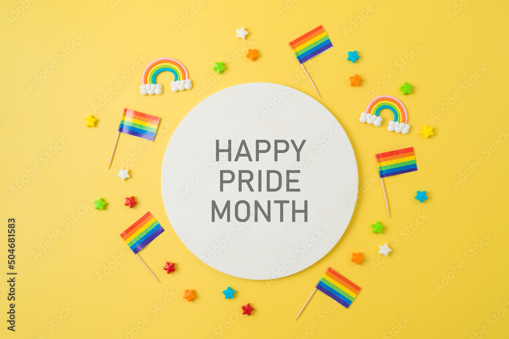 Happy pride month banner design with rainbow flags decoration on bright ...