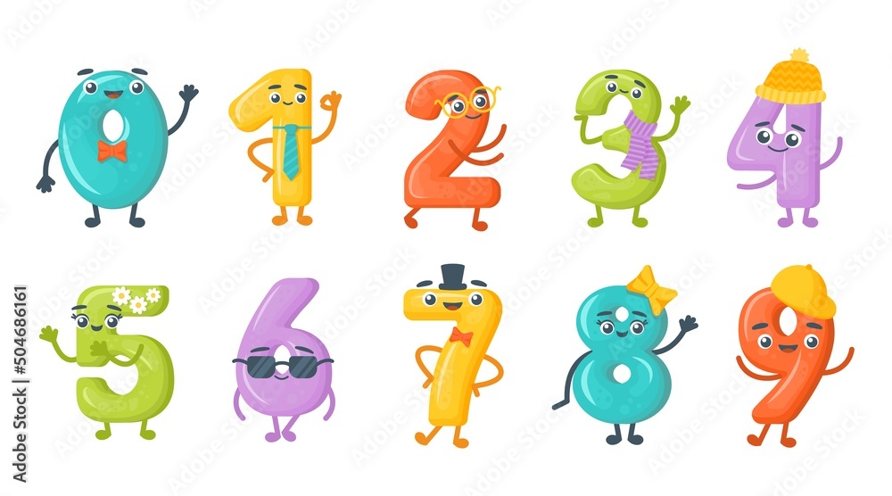 Numbers with faces. Cartoon funny numeral signs for mathematics and ...