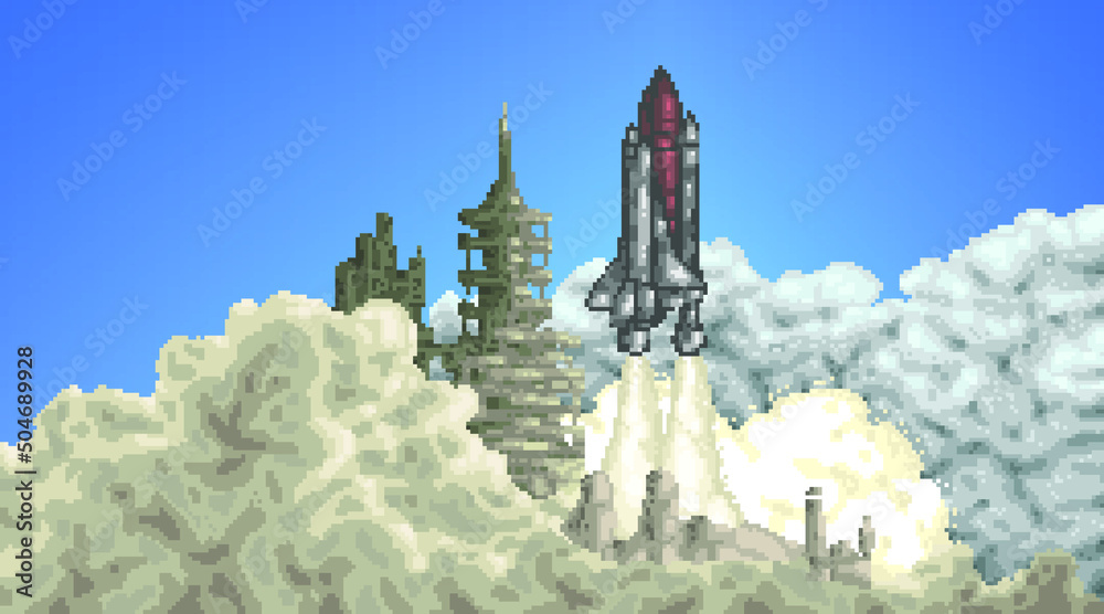 Pixel art style.Space shuttle launch. Rocket launch into space from the ...