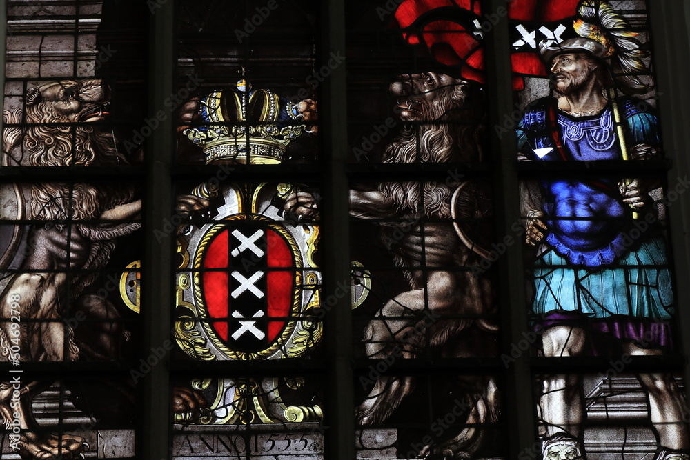 Amsterdam Oude Kerk Church Stained Glass Window Detail Depicting Two ...