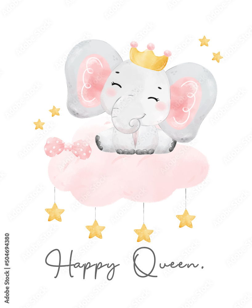 cute baby elephant queen girl with crown in pink sitting on cloud ...