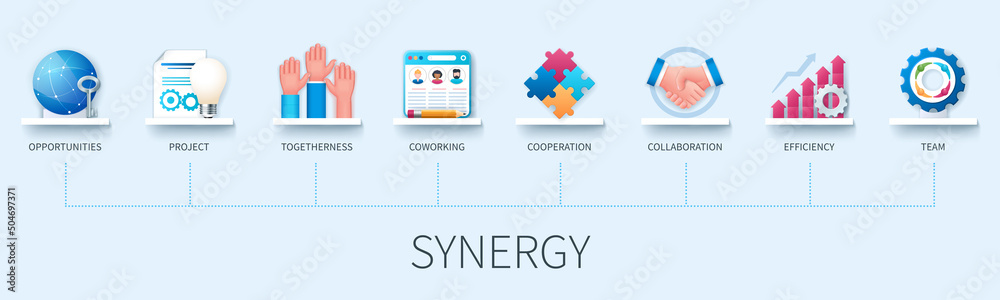 Synergy banner with icons. Opportunities, project, coworking ...