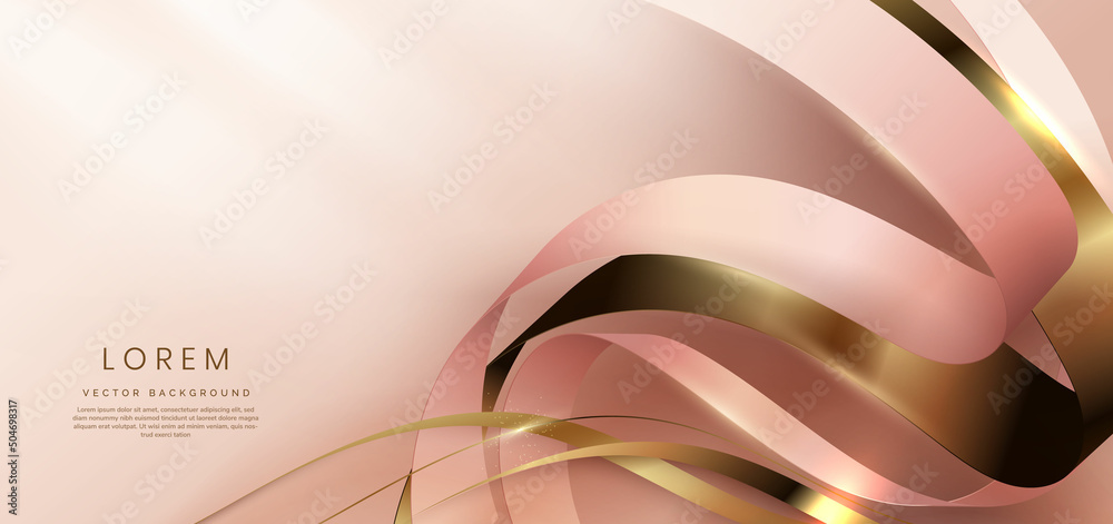 Abstract 3d gold curved ribbon on rose gold background with lighting ...