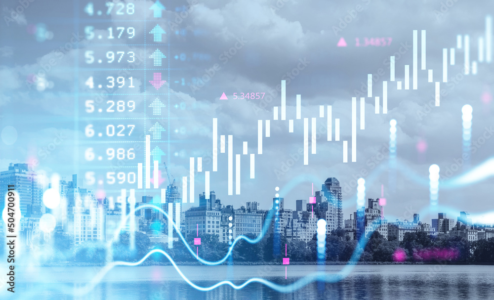 Forex graph diagrams, numbers with bar chart. New York cityscape Stock ...