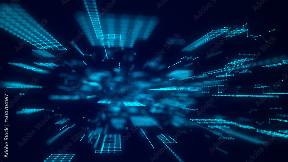 Digital background with moving glowing particles. Futuristic hi-tech ...