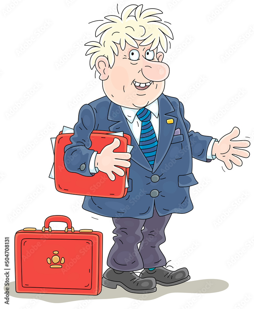 Government official standing with a red briefcase and a folder of ...