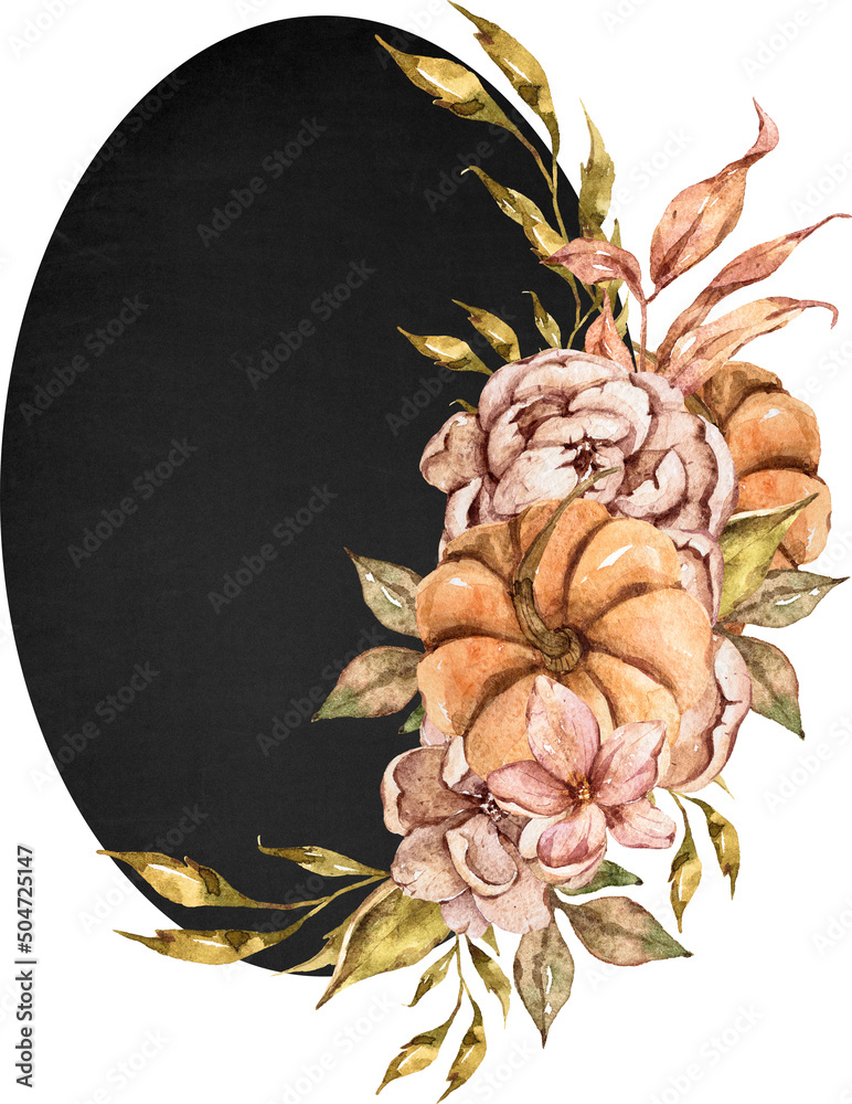 Watercolor pumpkin frame clipart, boho dried flower bouquet wreath ...