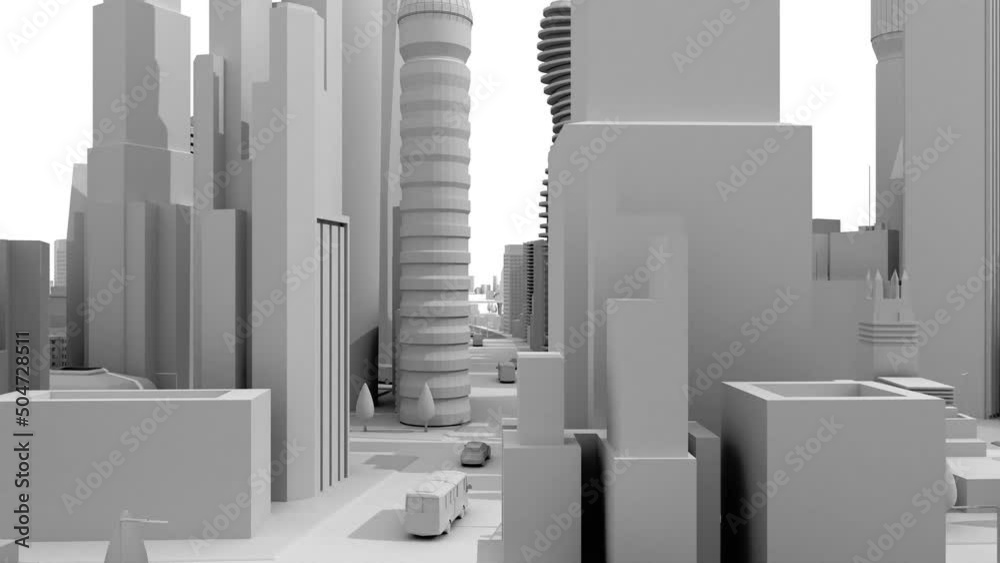 Camera fly through the modern beautiful city with skyscrapers. Roads ...