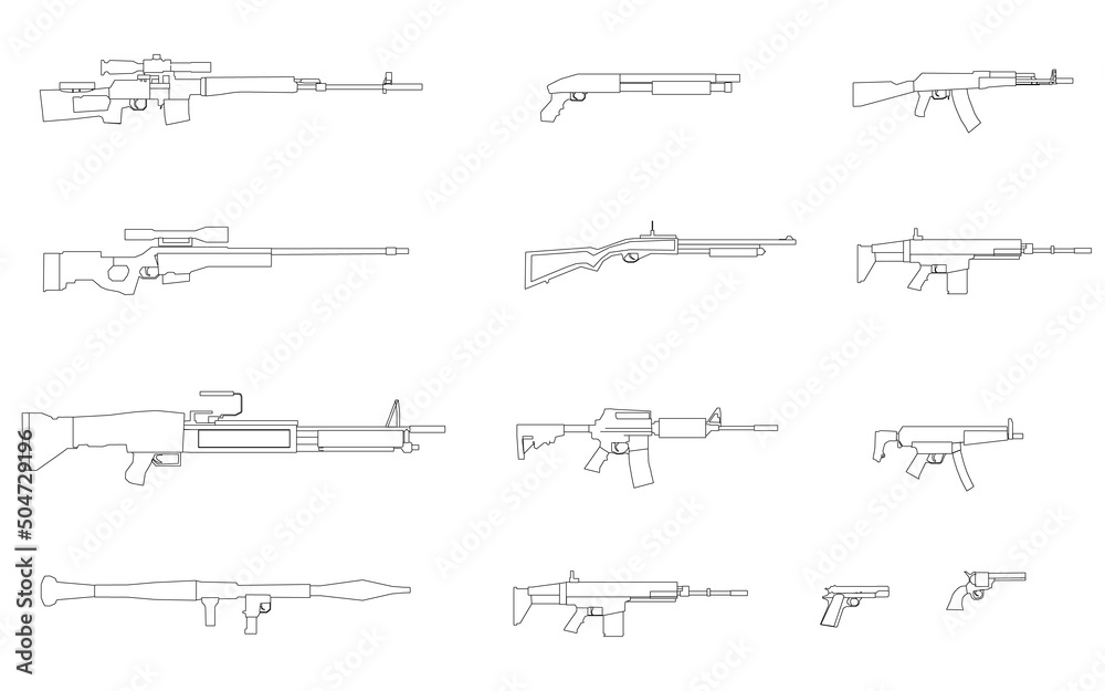 Set with contours of various weapons from black lines isolated on a ...