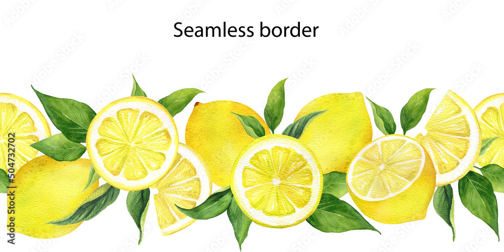 Watercolor lemon seamless pattern. Repeating border on white background ...