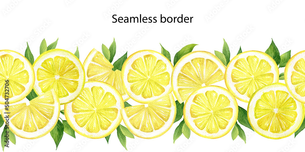 Watercolor lemon seamless pattern. Repeating border on white background ...
