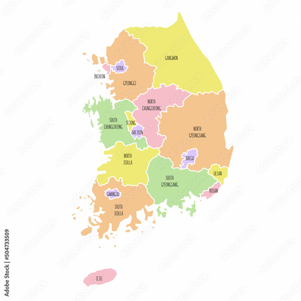 South Korea political map with region names. Low detailed. Solid simple ...