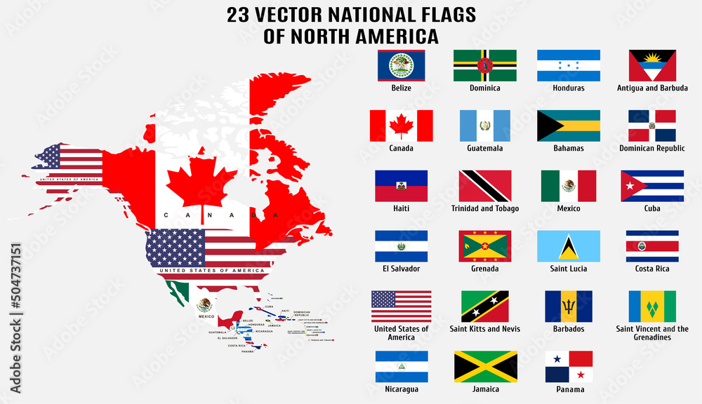 23 Vector national flags and map of North America Stock Vector | Adobe ...